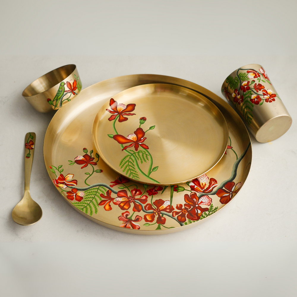 Buy Gulmohar Kansa Dinner Set For 6 with Serveware Online
